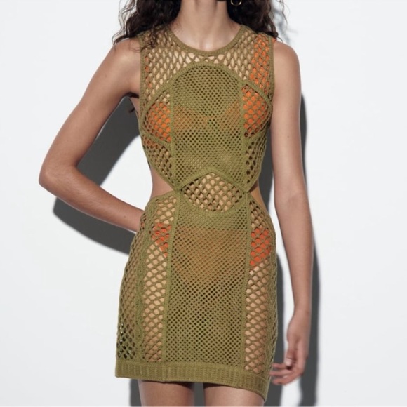 Zara | Dresses | Nwt Olive Unlined Crochet Dress W Waist Cut Outs L ...